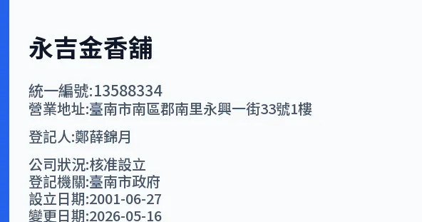 永吉金香舖的照片-統編 13588334(臺南市) 公司登記資料與營業項目詳細圖表
