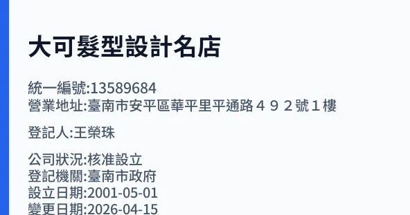 大可髮型設計名店的照片-統編 13589684(臺南市) 公司登記資料與營業項目詳細圖表