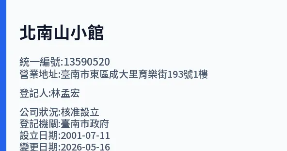 北南山小館的照片-統編 13590520(臺南市) 公司登記資料與營業項目詳細圖表