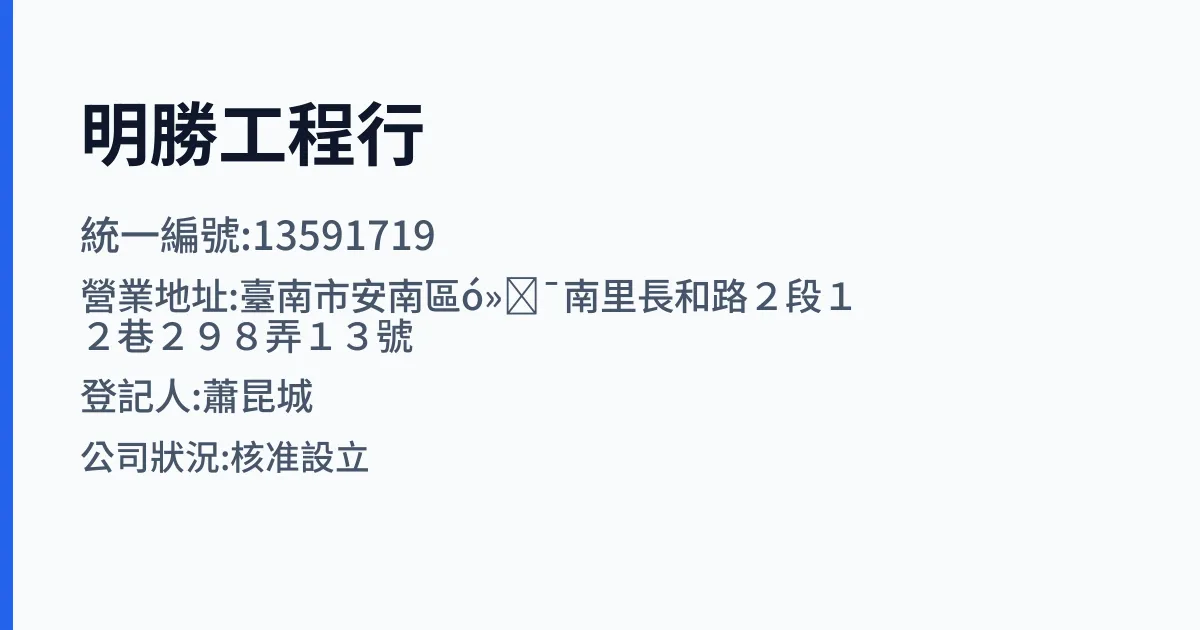 明勝工程行 - 統編 13591719(臺南市) 公司登記資料與營業項目詳細圖表