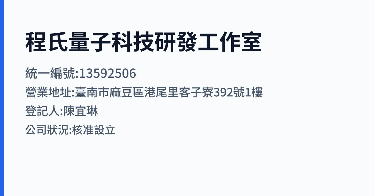 程氏量子科技研發工作室 - 統編 13592506(臺南市) 公司登記資料與營業項目詳細圖表