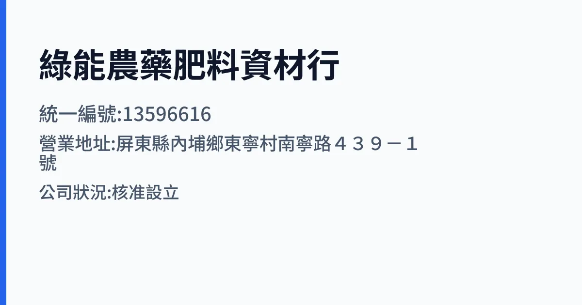 綠能農藥肥料資材行 - 統編 13596616(屏東縣) 公司登記資料與營業項目詳細圖表