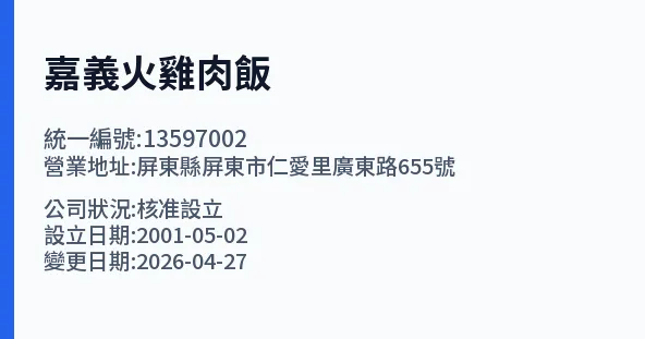 嘉義火雞肉飯的照片-統編 13597002(屏東縣) 公司登記資料與營業項目詳細圖表