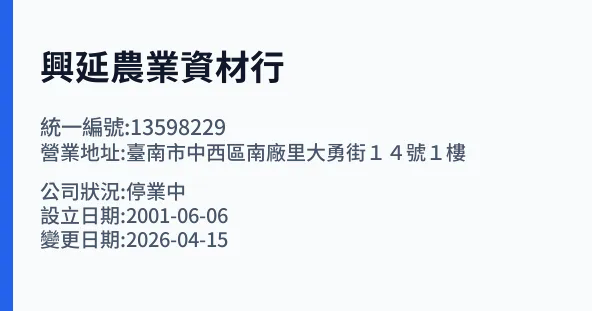 興延農業資材行的照片-統編 13598229(臺南市) 公司登記資料與營業項目詳細圖表