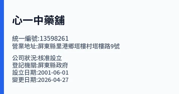 心一中藥舖的照片-統編 13598261(屏東縣) 公司登記資料與營業項目詳細圖表