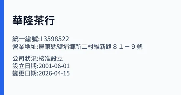 華隆茶行的照片-統編 13598522(屏東縣) 公司登記資料與營業項目詳細圖表
