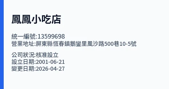 鳳鳳小吃店的照片-統編 13599698(屏東縣) 公司登記資料與營業項目詳細圖表