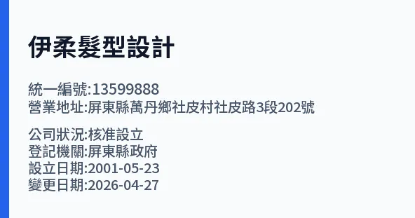 伊柔髮型設計的照片-統編 13599888(屏東縣) 公司登記資料與營業項目詳細圖表