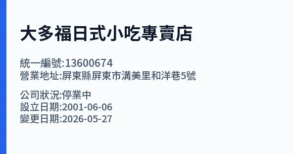 大多福日式小吃專賣店的照片-統編 13600674(屏東縣) 公司登記資料與營業項目詳細圖表