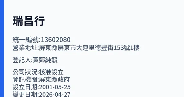 瑞昌行的照片-統編 13602080(屏東縣) 公司登記資料與營業項目詳細圖表