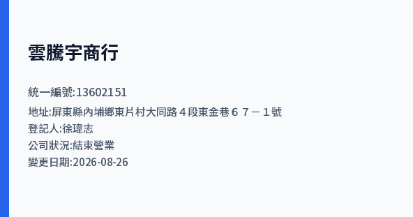 雲騰宇商行的照片-統編 13602151(屏東縣) 公司登記資料與營業項目詳細圖表