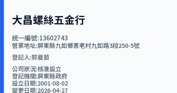 大昌螺絲五金行的照片-統編 13602743(屏東縣) 公司登記資料與營業項目詳細圖表