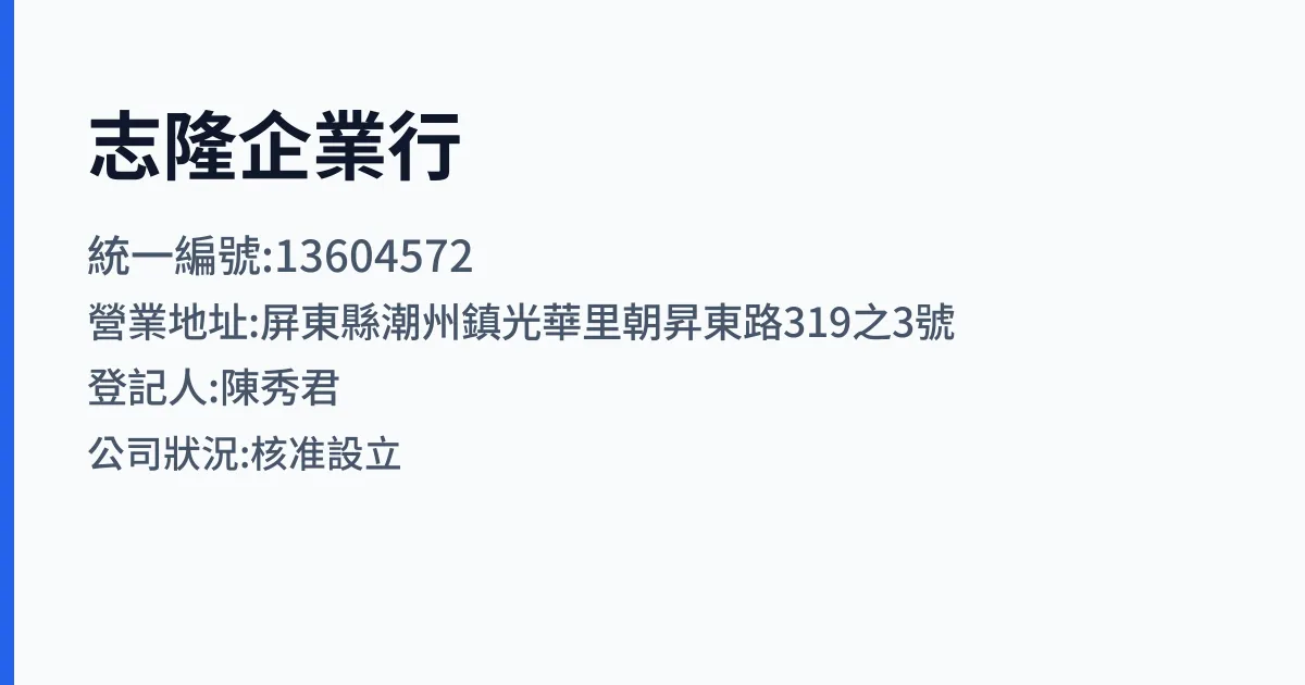 志隆企業行 - 統編 13604572(屏東縣) 公司登記資料與營業項目詳細圖表
