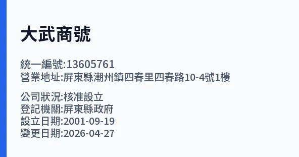 大武商號的照片-統編 13605761(屏東縣) 公司登記資料與營業項目詳細圖表