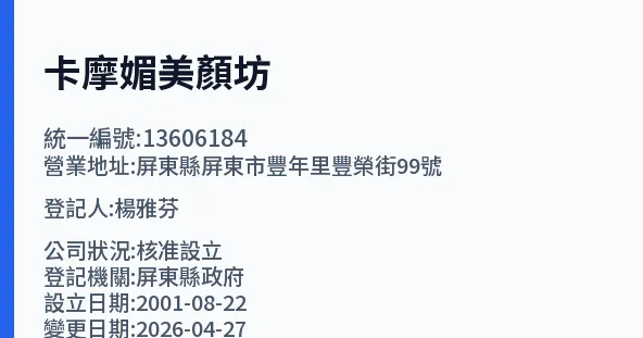 卡摩媚美顏坊的照片-統編 13606184(屏東縣) 公司登記資料與營業項目詳細圖表