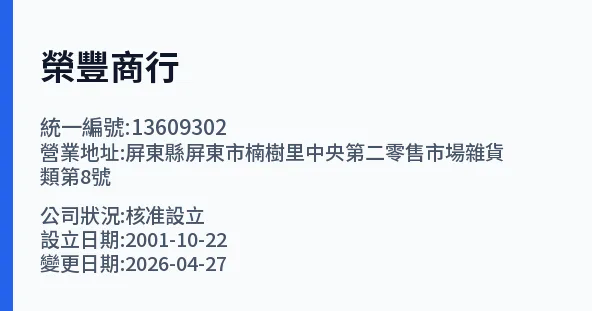 榮豐商行的照片-統編 13609302(屏東縣) 公司登記資料與營業項目詳細圖表