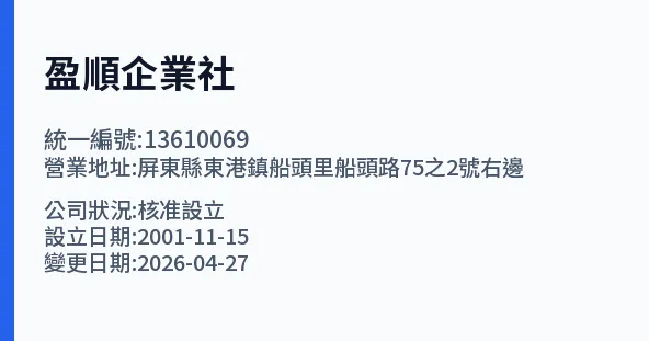 盈順企業社的照片-統編 13610069(屏東縣) 公司登記資料與營業項目詳細圖表