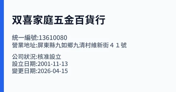 双喜家庭五金百貨行的照片-統編 13610080(屏東縣) 公司登記資料與營業項目詳細圖表