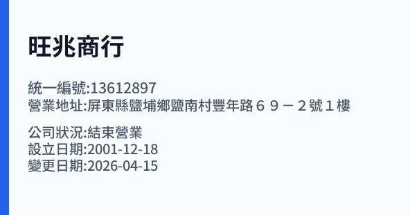 旺兆商行的照片-統編 13612897(屏東縣) 公司登記資料與營業項目詳細圖表
