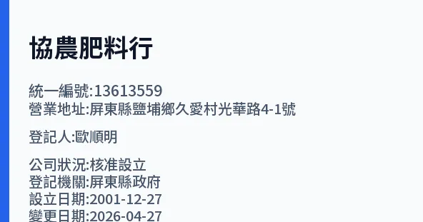 協農肥料行的照片-統編 13613559(屏東縣) 公司登記資料與營業項目詳細圖表