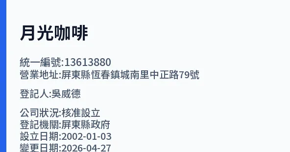 月光咖啡的照片-統編 13613880(屏東縣) 公司登記資料與營業項目詳細圖表