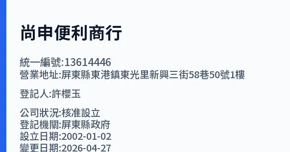 尚申便利商行的照片-統編 13614446(屏東縣) 公司登記資料與營業項目詳細圖表