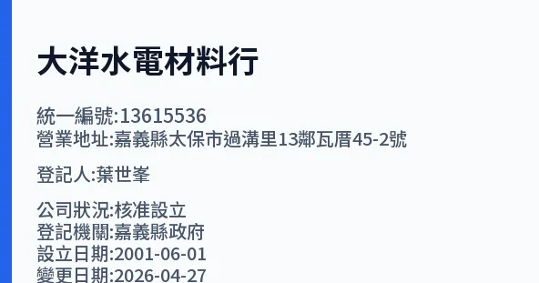 大洋水電材料行的照片-統編 13615536(嘉義縣) 公司登記資料與營業項目詳細圖表