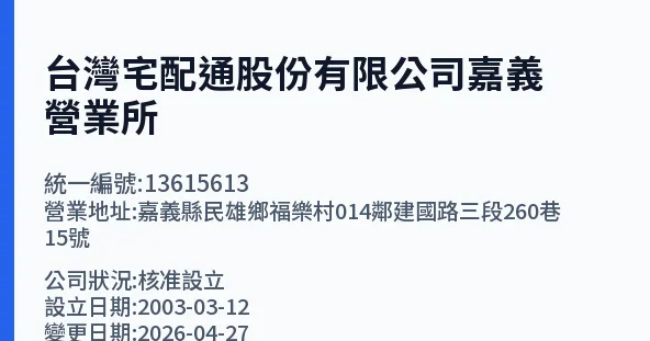 台灣宅配通股份有限公司嘉義營業所的照片-統編 13615613(嘉義縣) 公司登記資料與營業項目詳細圖表