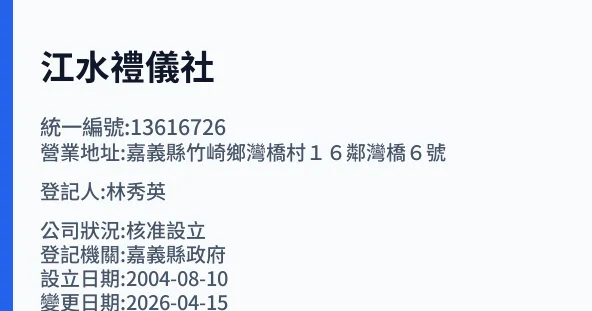 江水禮儀社的照片-統編 13616726(嘉義縣) 公司登記資料與營業項目詳細圖表