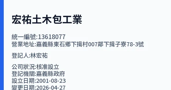 宏祐土木包工業的照片-統編 13618077(嘉義縣) 公司登記資料與營業項目詳細圖表