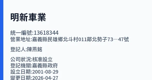 明新車業的照片-統編 13618344(嘉義縣) 公司登記資料與營業項目詳細圖表