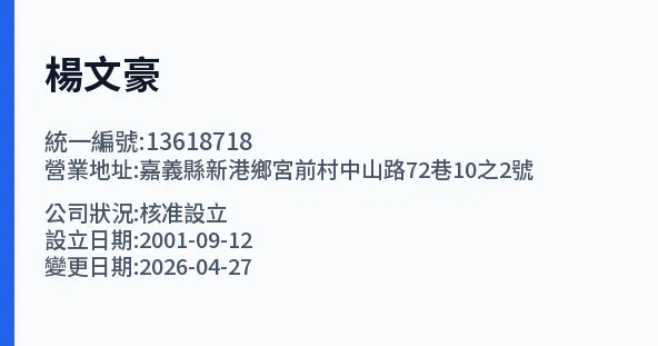 楊文豪的照片-統編 13618718(嘉義縣) 公司登記資料與營業項目詳細圖表