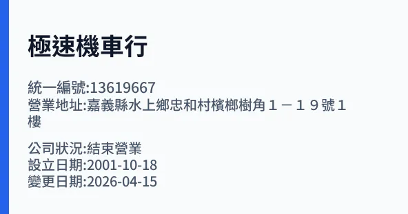 極速機車行的照片-統編 13619667(嘉義縣) 公司登記資料與營業項目詳細圖表