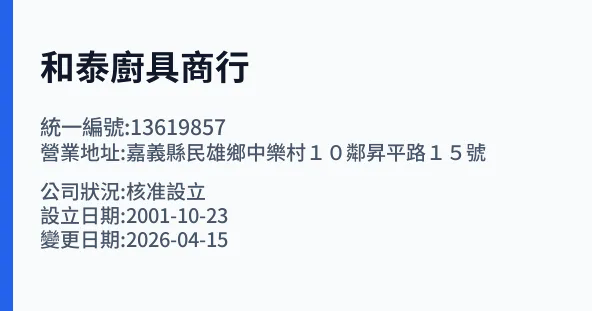 和泰廚具商行的照片-統編 13619857(嘉義縣) 公司登記資料與營業項目詳細圖表