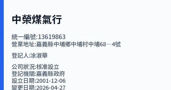 中榮煤氣行的照片-統編 13619863(嘉義縣) 公司登記資料與營業項目詳細圖表
