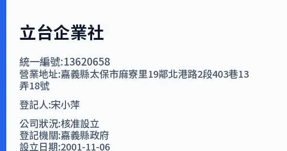 立台企業社的照片-統編 13620658(嘉義縣) 公司登記資料與營業項目詳細圖表