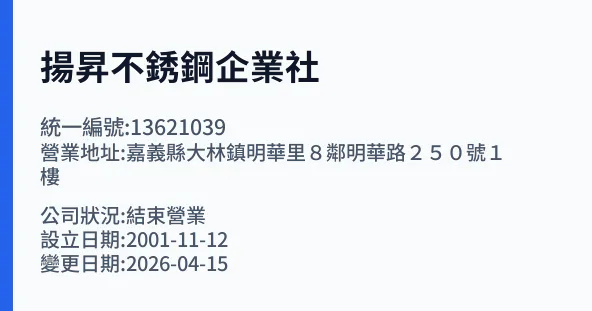 揚昇不銹鋼企業社的照片-統編 13621039(嘉義縣) 公司登記資料與營業項目詳細圖表