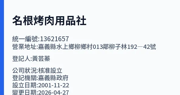 名根烤肉用品社的照片-統編 13621657(嘉義縣) 公司登記資料與營業項目詳細圖表