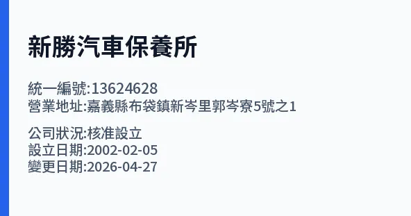 新勝汽車保養所的照片-統編 13624628(嘉義縣) 公司登記資料與營業項目詳細圖表