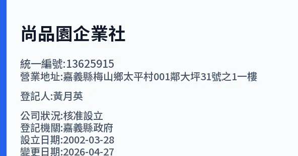 尚品園企業社的照片-統編 13625915(嘉義縣) 公司登記資料與營業項目詳細圖表