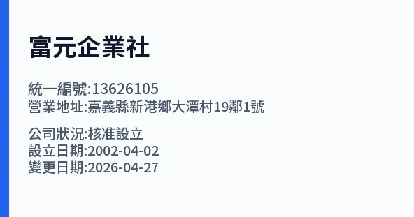 富元企業社的照片-統編 13626105(嘉義縣) 公司登記資料與營業項目詳細圖表