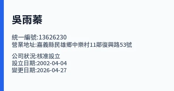吳雨蓁的照片-統編 13626230(嘉義縣) 公司登記資料與營業項目詳細圖表