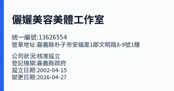儷孋美容美體工作室的照片-統編 13626554(嘉義縣) 公司登記資料與營業項目詳細圖表