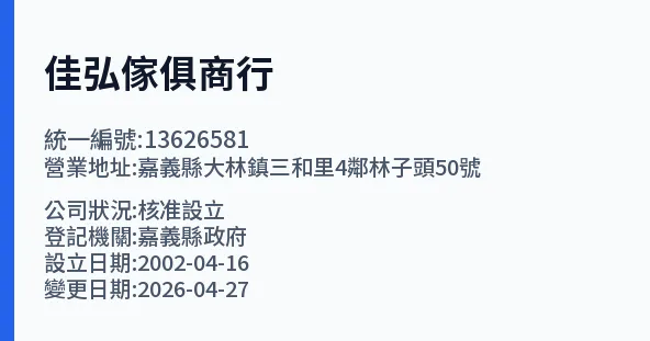 佳弘傢俱商行的照片-統編 13626581(嘉義縣) 公司登記資料與營業項目詳細圖表