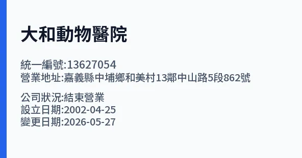 大和動物醫院的照片-統編 13627054(嘉義縣) 公司登記資料與營業項目詳細圖表