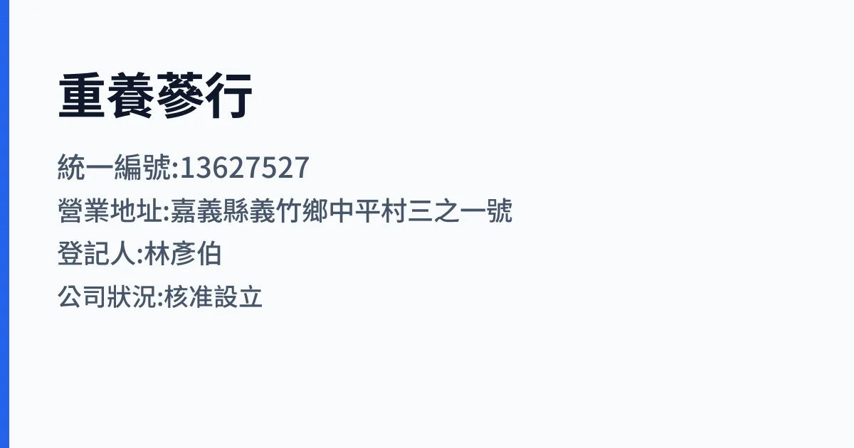 重養蔘行 - 統編 13627527(嘉義縣) 公司登記資料與營業項目詳細圖表
