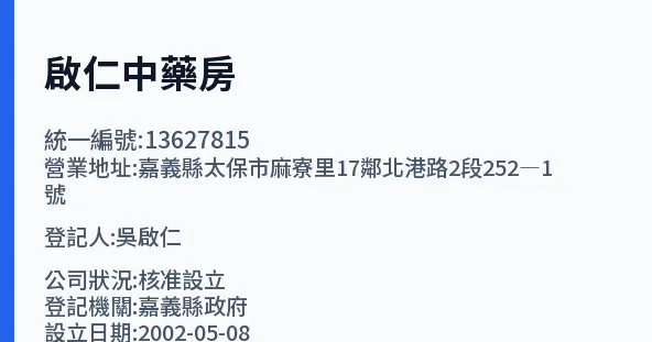 啟仁中藥房的照片-統編 13627815(嘉義縣) 公司登記資料與營業項目詳細圖表