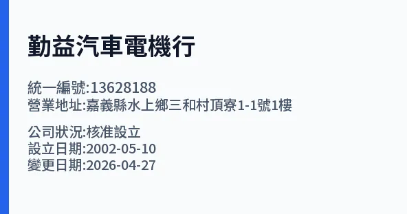 勤益汽車電機行的照片-統編 13628188(嘉義縣) 公司登記資料與營業項目詳細圖表