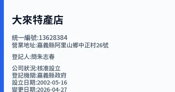 大來特產店的照片-統編 13628384(嘉義縣) 公司登記資料與營業項目詳細圖表