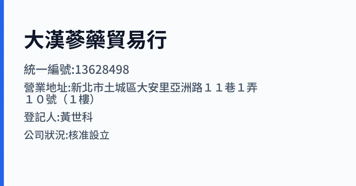 大漢蔘藥貿易行 - 統編 13628498(新北市) 公司登記資料與營業項目詳細圖表